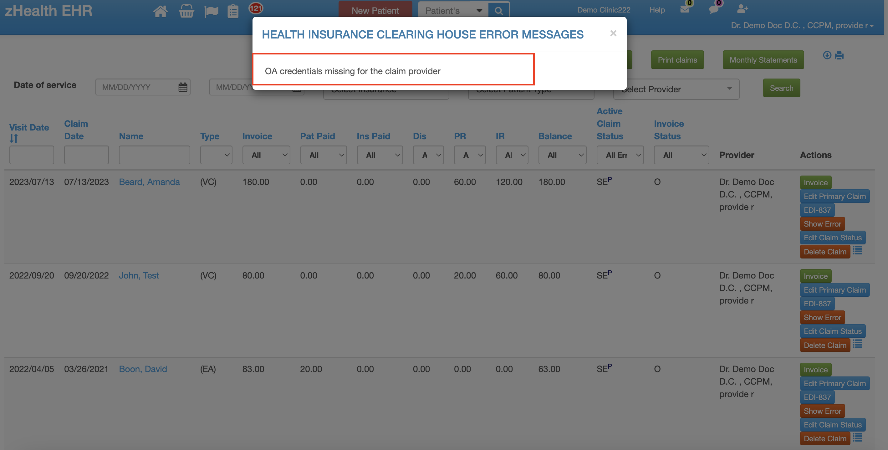 Viewing and Correcting Claim Errors and Printing HCFA